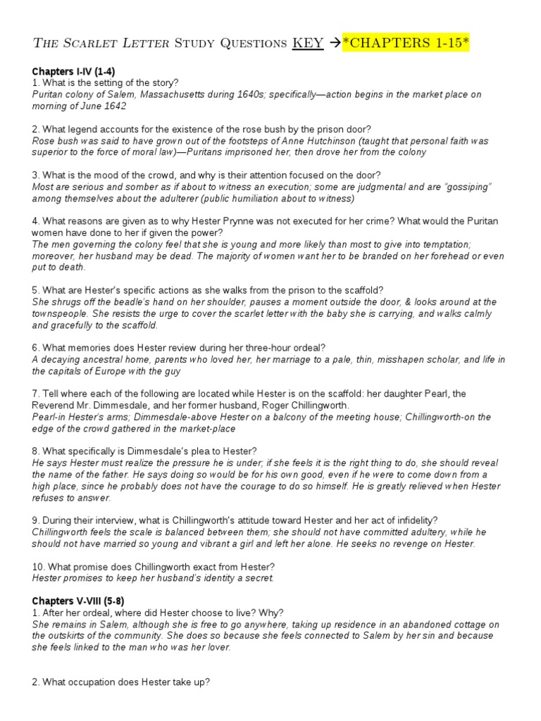 Scarlet Letter Questions CH 1-15 Key | PDF | The Scarlet Letter | Crime ...