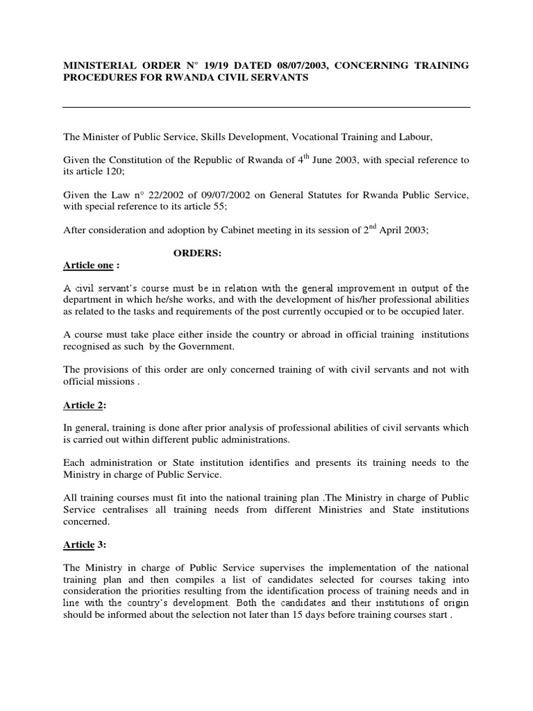 Ministerial Order On Training Modalities | PDF | Civil Service | Rwanda