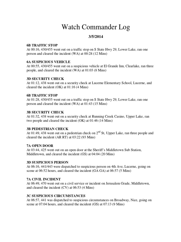 Lake County Sheriff's Watch Commander Logs | PDF | Land Transport ...