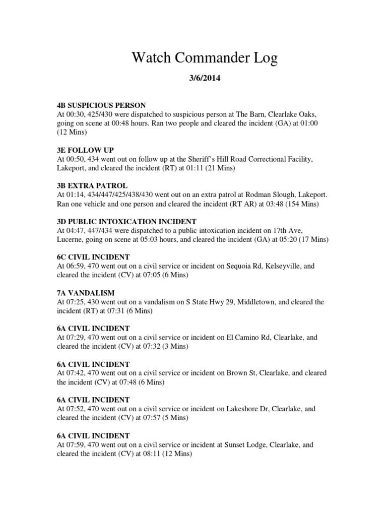 Lake County Watch Commander Log 3/6/14 | PDF | Traffic | Transportation ...