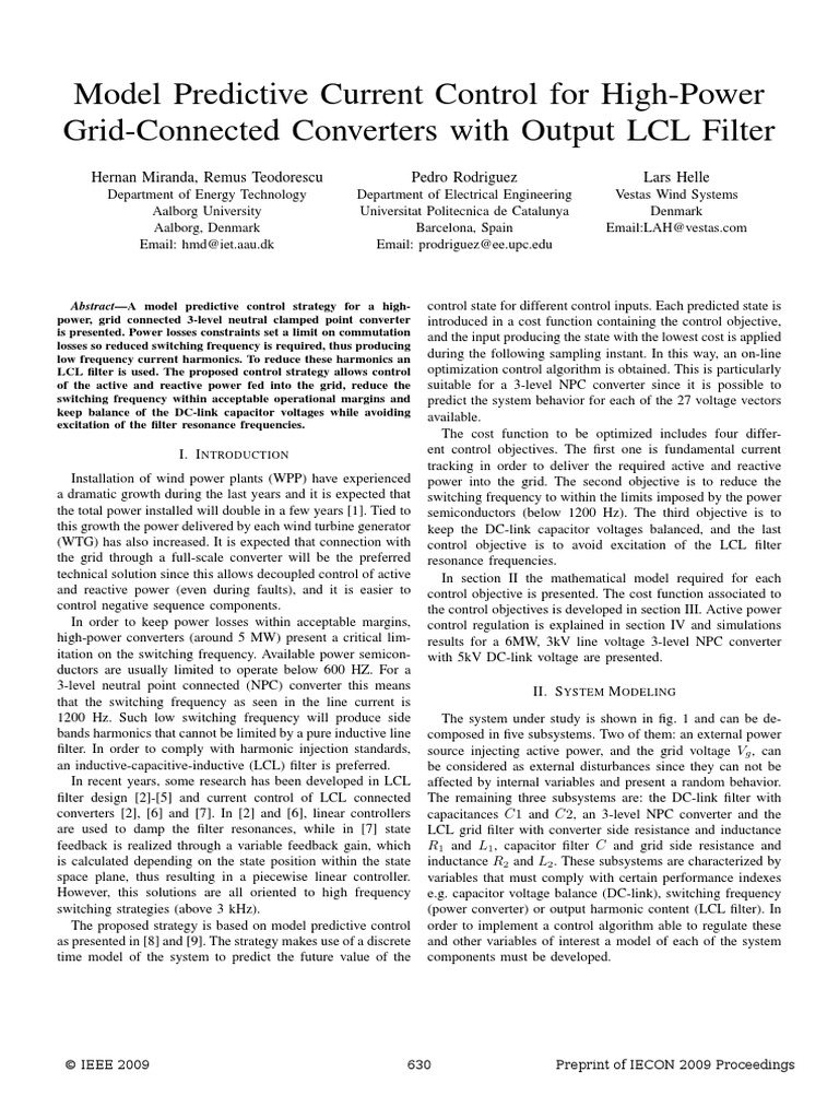 Model Predictive Current Control For High-Power Grid-Connected Converters With Output LCL Filter ...