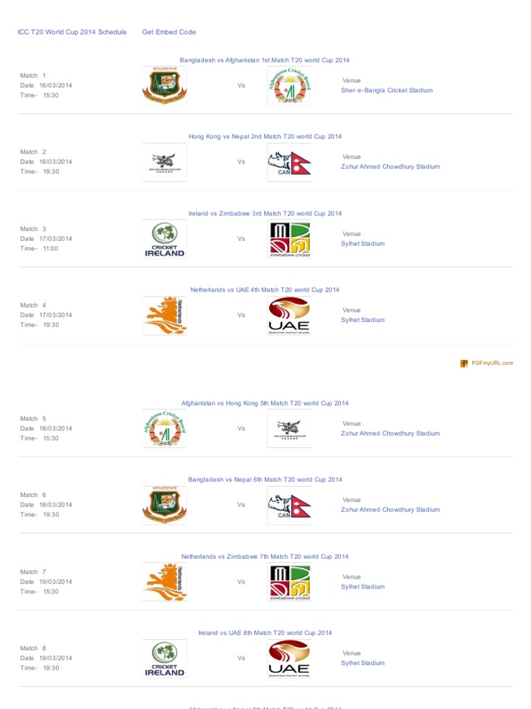 T20 World Cup 2014 Match Schedule | PDF | Forms Of Cricket | Ball And ...