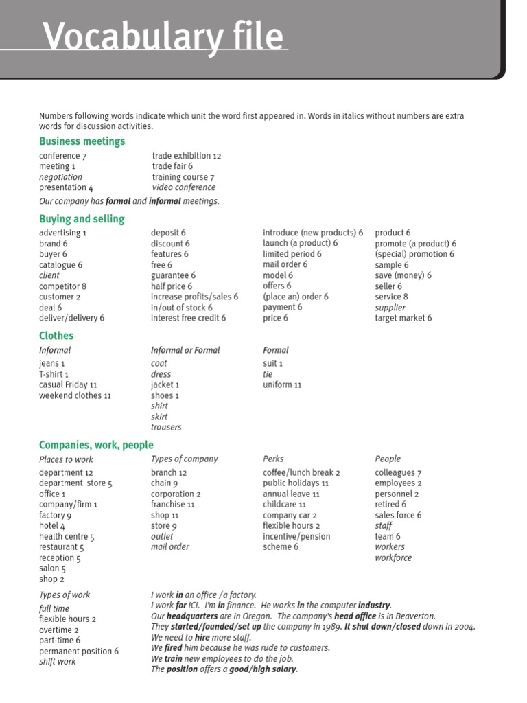 Vocabulary File: Business Meetings | PDF | Meal | Business