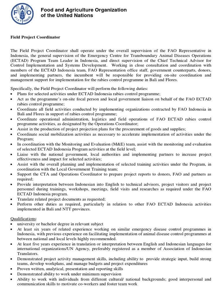 Tor Field Project Coordinator | PDF | Food And Agriculture Organization ...