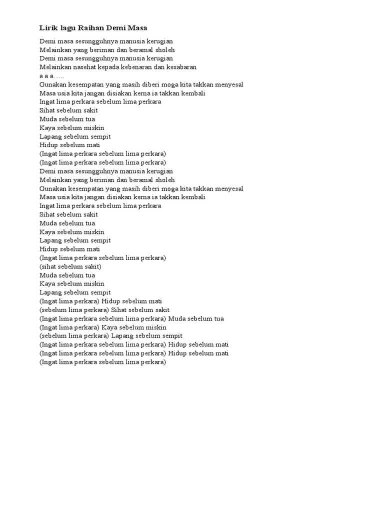 Lirik Lagu Raihan Demi Masa | PDF | Memasak, Makanan, & Anggur | Kajian ...