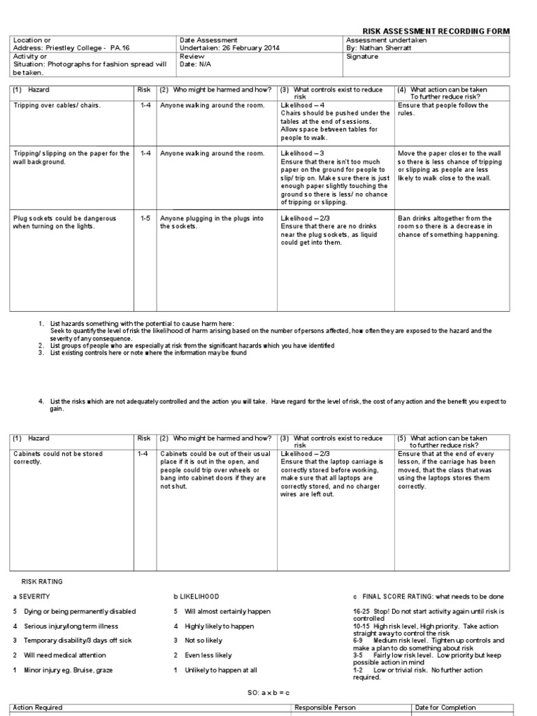 Risk Assessment Recording Form | PDF | Manufactured Goods | Electrical ...