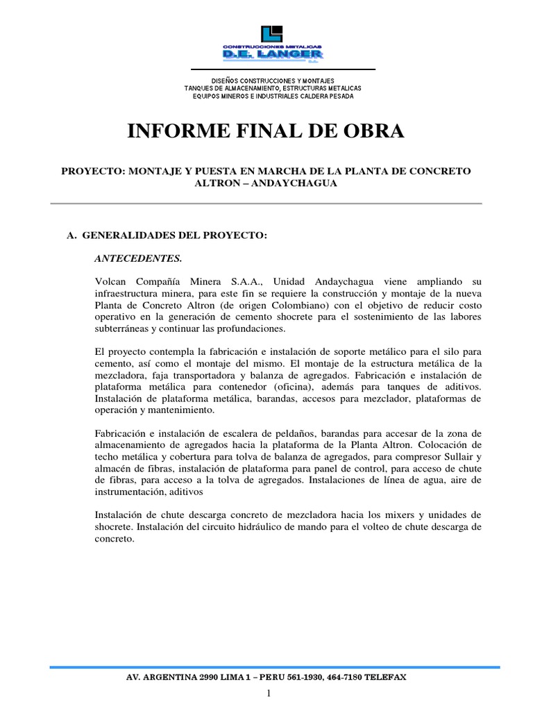 Informe Final de Obra - PCA | PDF | Hormigón | Tubería (transporte de fluidos)