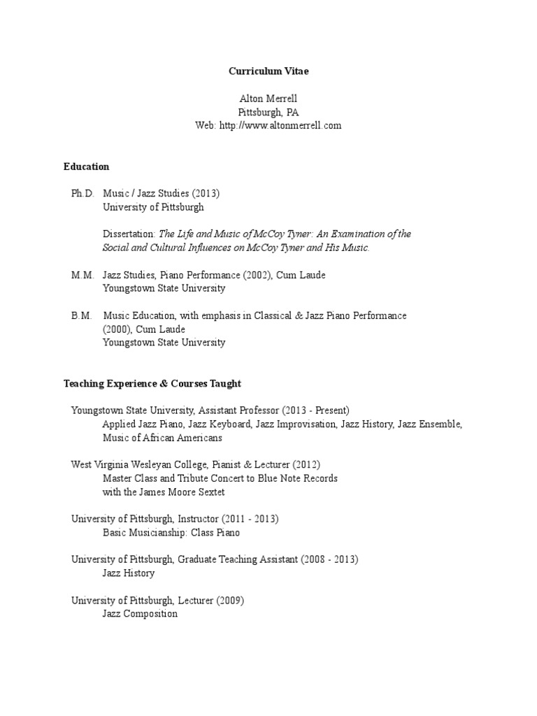 Alton Merrell - Curriculum Vitae | PDF | Jazz | Music Education