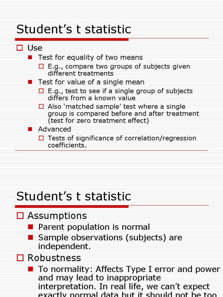 Student S T Statistic: Test For Equality of Two Means Test For Value of ...
