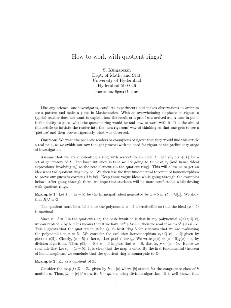How To Work With Quotient Rings | PDF | Ring (Mathematics) | Polynomial
