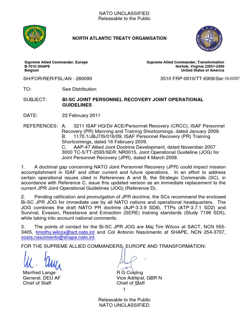 Joint Personnel Recovery Joint Operational Guidelines-feb.11-Nato | PDF ...
