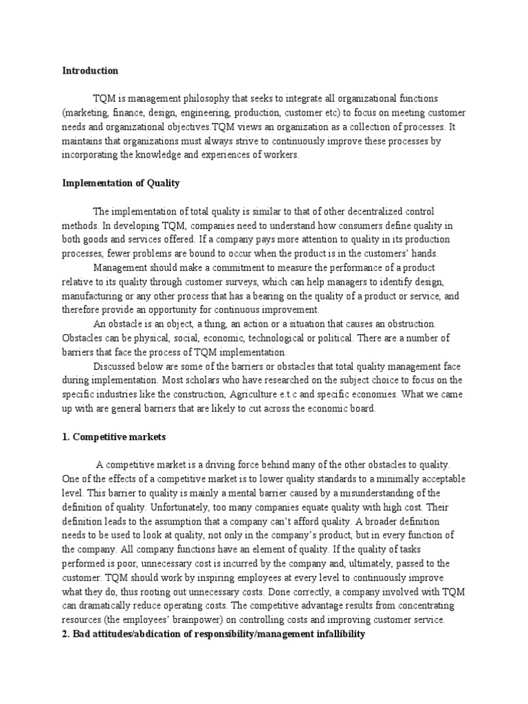 TQM Barriers To TQM Implementation | PDF | Quality Management | Quality ...