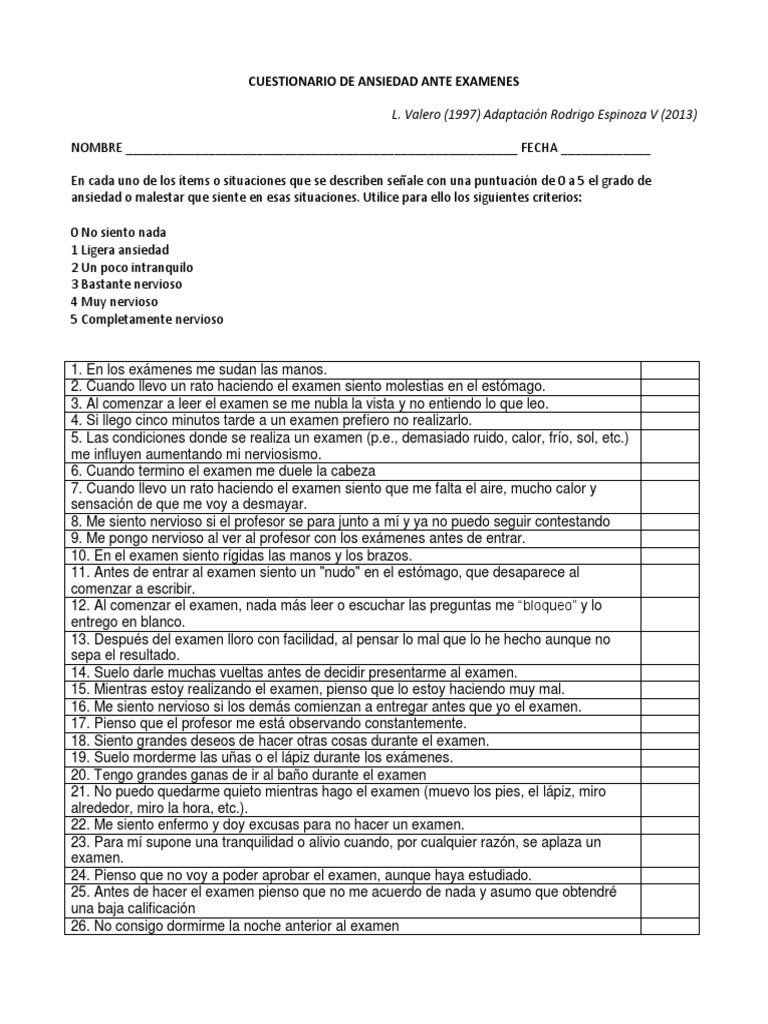 Cuestionario de Ansiedad Ante Examenes | PDF | Ansiedad | Sicología