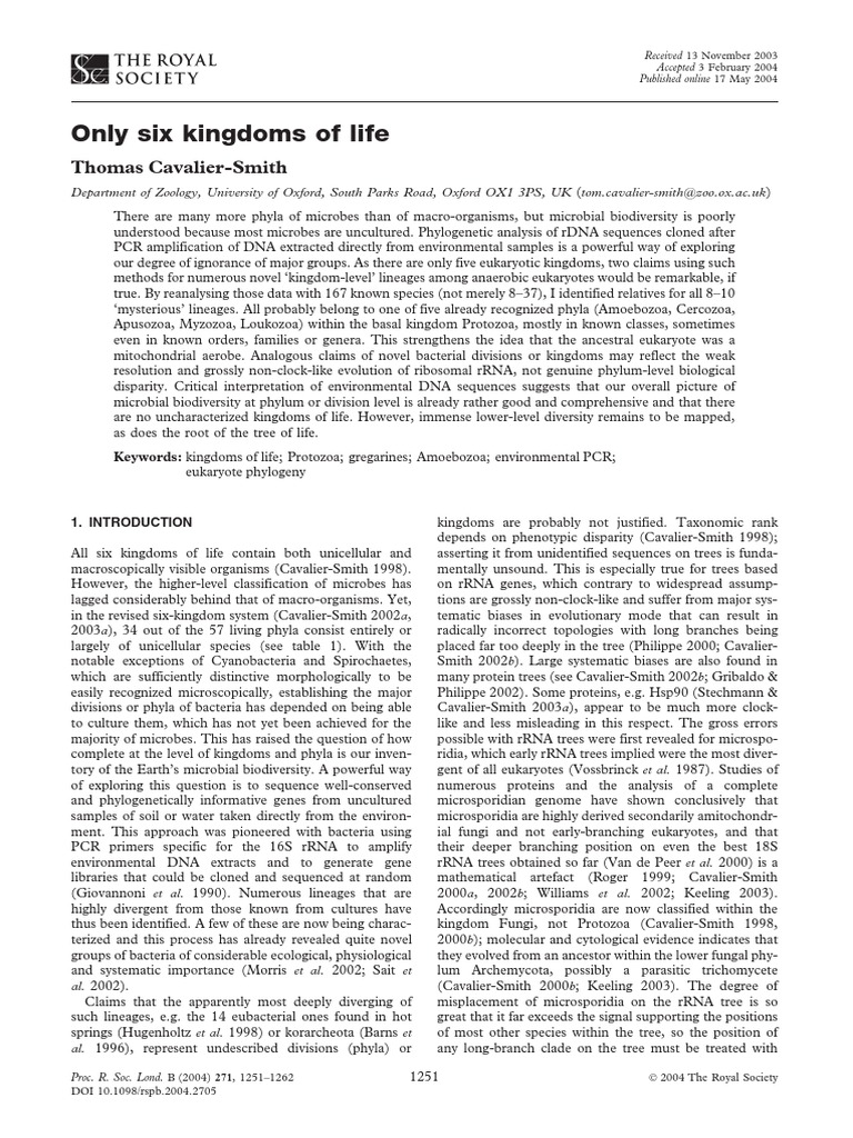 Only Six Kingdoms of Life - Cavalier-Smith | PDF | Eukaryotes | Protozoa