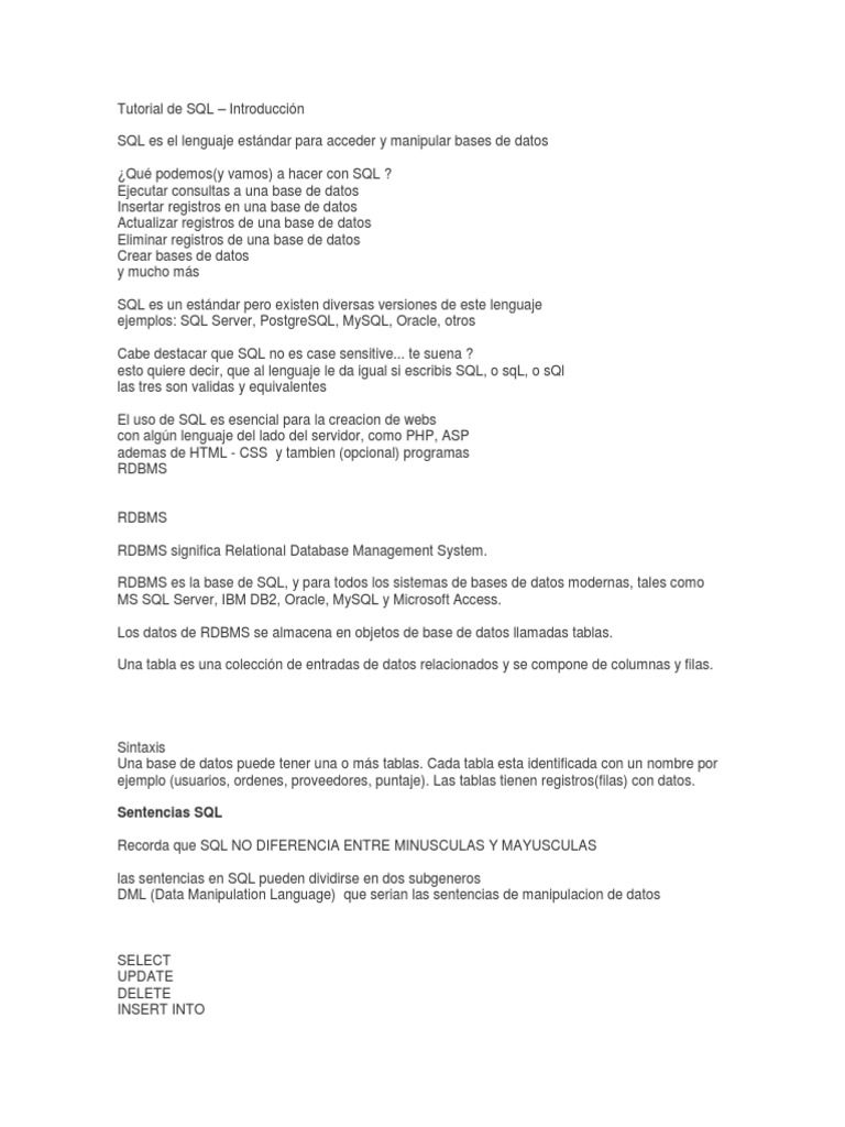 Tutorial de SQL (Muy Basico) | PDF | SQL | Diseño de software