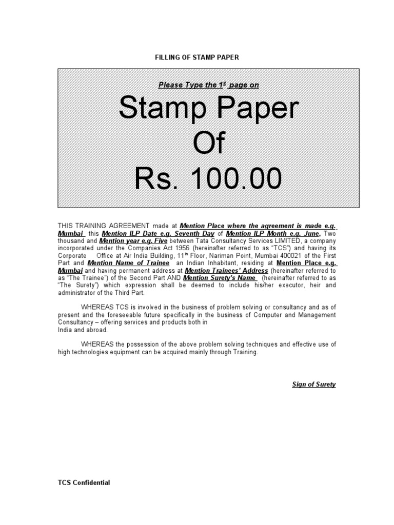 Stamp Paper Of Rs 100 00 Please Type The 1 Page On PDF Guarantee