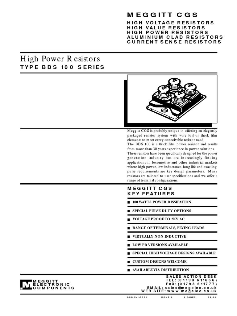 High Power Resistors: Type Bds 100 Series | PDF