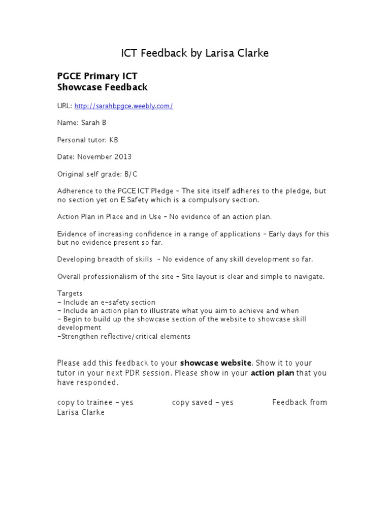 PGCE ICT Feedback for Sarah B | PDF