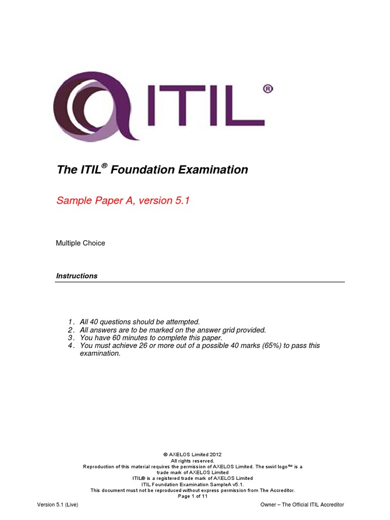 ITIL Foundation Examination SampleA v5.1 Questions Answers | PDF
