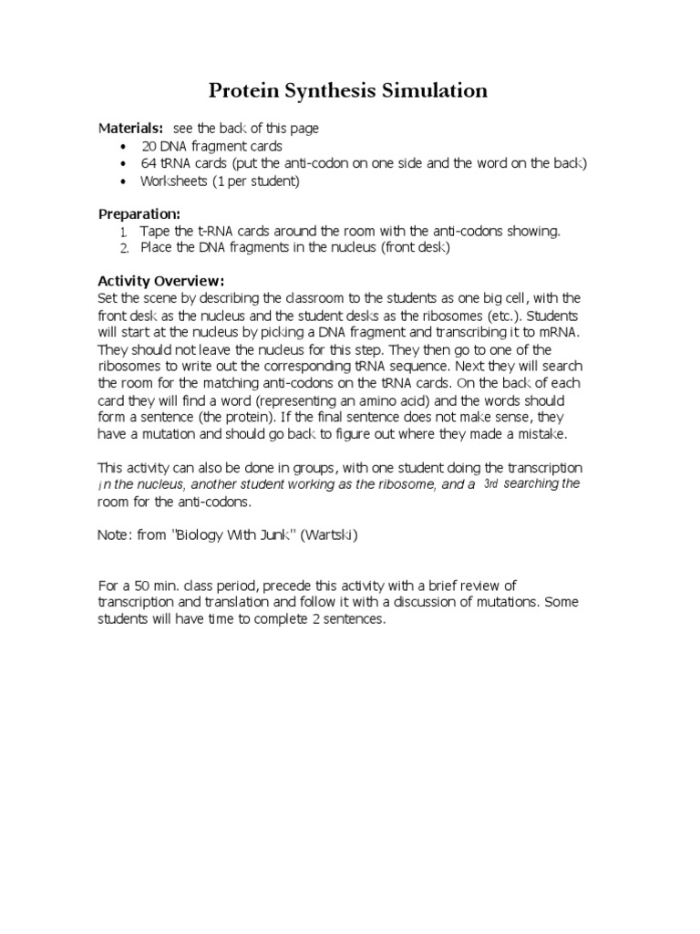 Protein Synthesis Simulation Activity | PDF | Translation (Biology ...