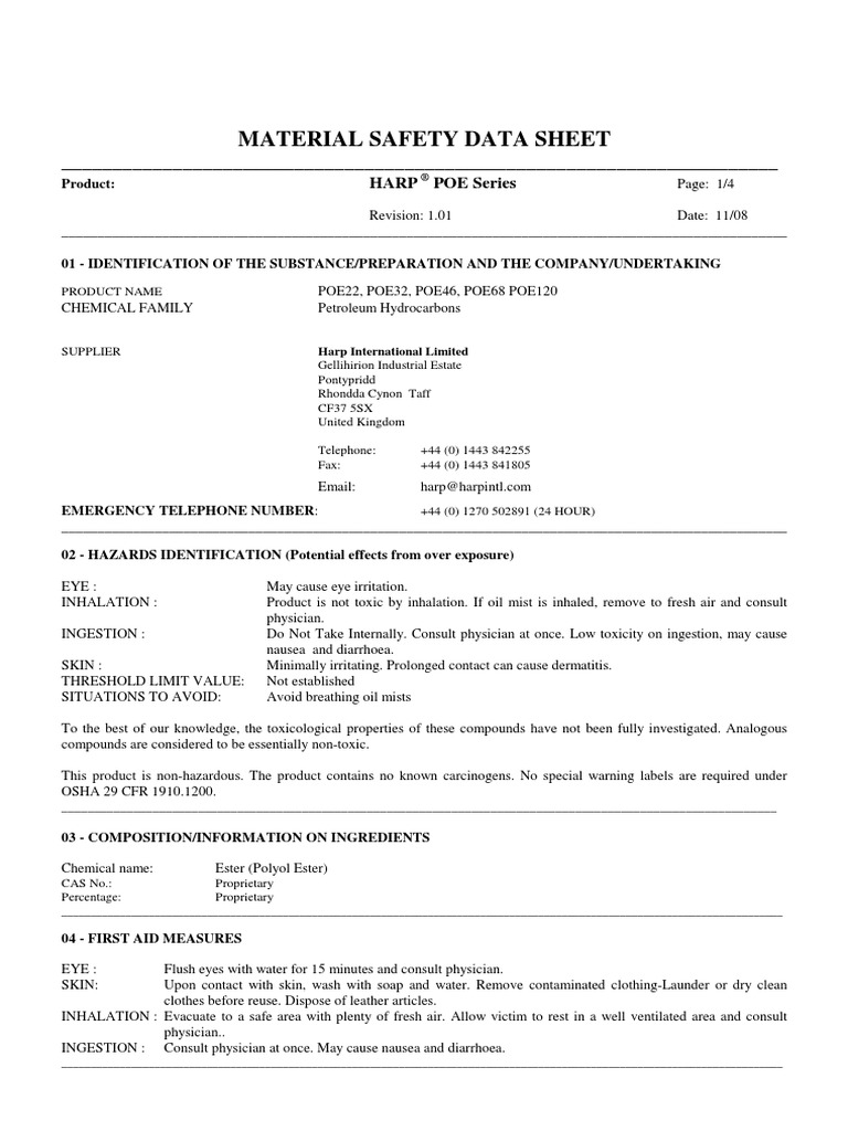 Downloads PDF Msds HARP POE Series | PDF | Toxicity | Personal ...
