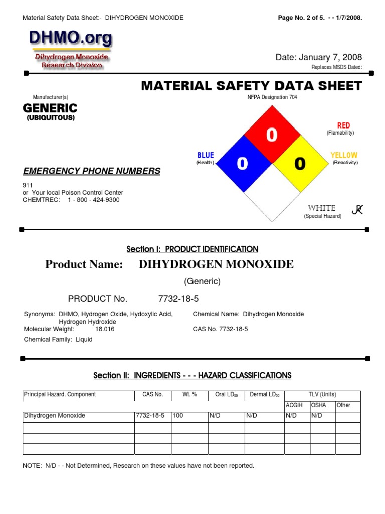 Dihydrogen Monoxide Safety Data Sheet | PDF | Sodium Hydroxide ...