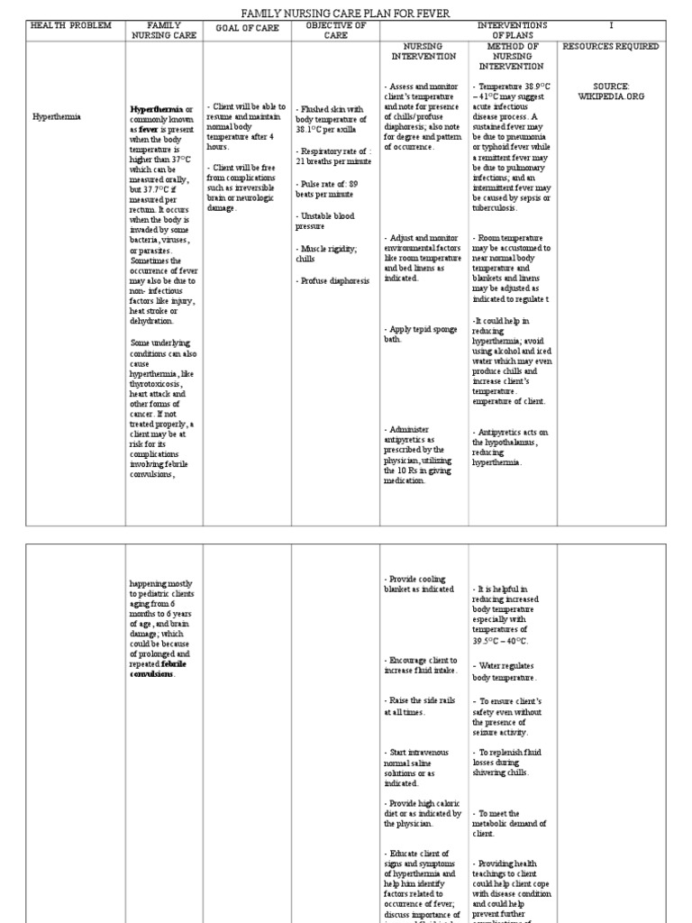 Family Nursing Care Plan for Fever | PDF | Symptoms And Signs ...