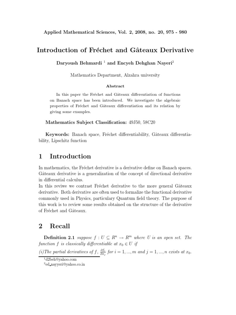 Introduction of Frechet and Gateaux Derivative | PDF | Banach Space | Derivative