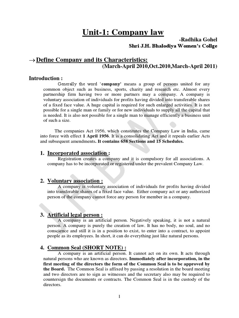 Company Law Unit - 1 | PDF | Piercing The Corporate Veil | Corporations