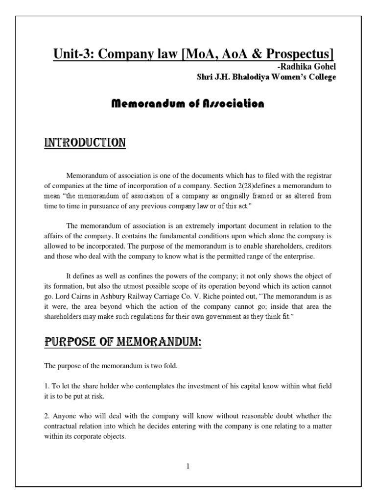 Unit 3 MOA AOA & Prospectus | PDF | Articles Of Association | Guarantee