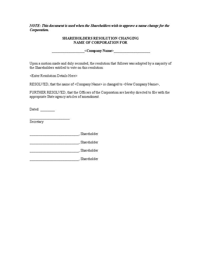 9-5 Shareholders Resolution Changing Name of Corporation | Resolution ...