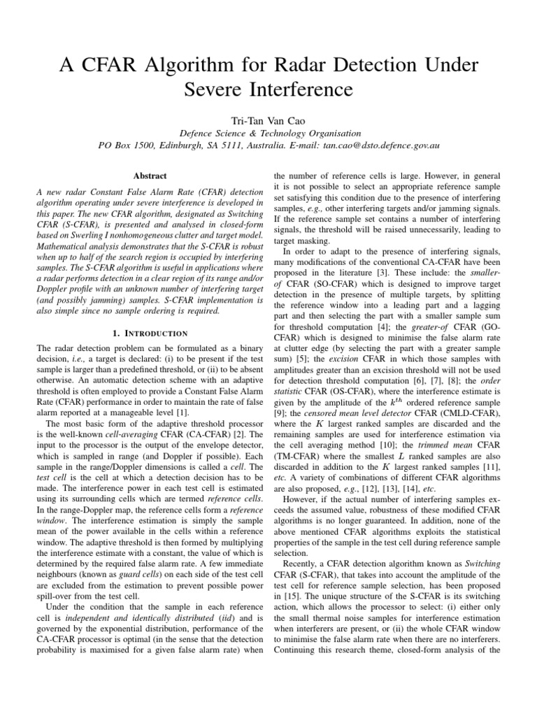 (S-CFAR) A CFAR Algorithm For Radar Detection Under Severe Interference ...