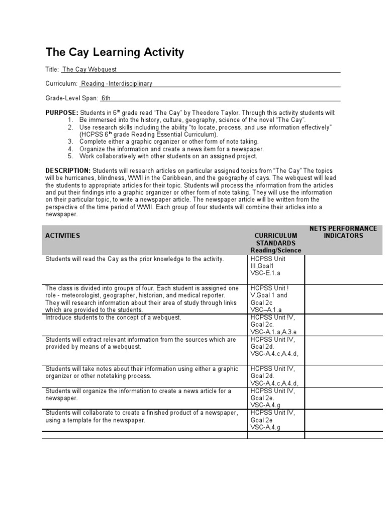 The Cay Learning Activity | PDF | Curriculum | Learning