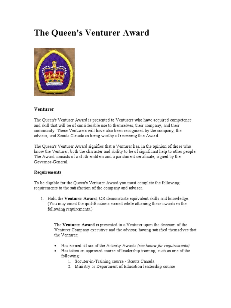 Queen's Venturer Award Requirements | PDF | Ecology | Conservation (Ethic)