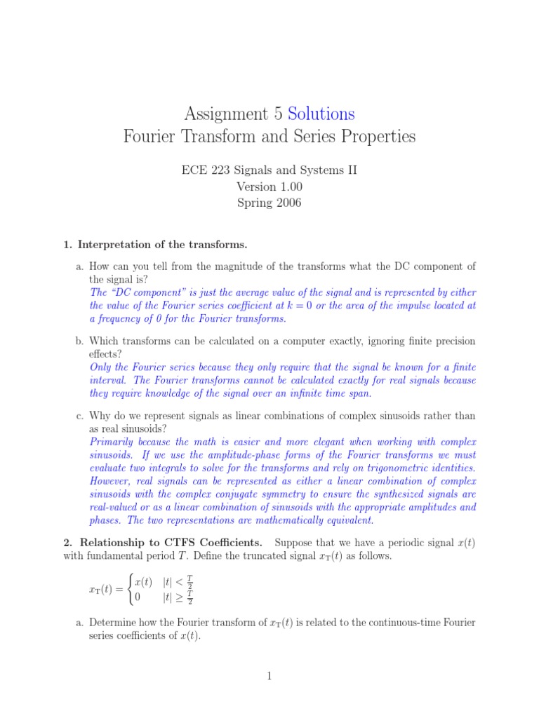 Assignment Fourier Properties Solutions | PDF | Fourier Transform | Spectral Density