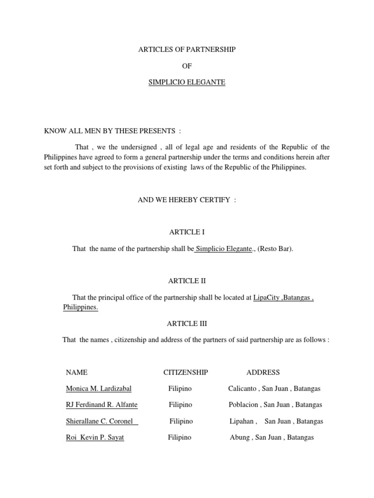 Articles of Partnership | PDF | Philippines | Business