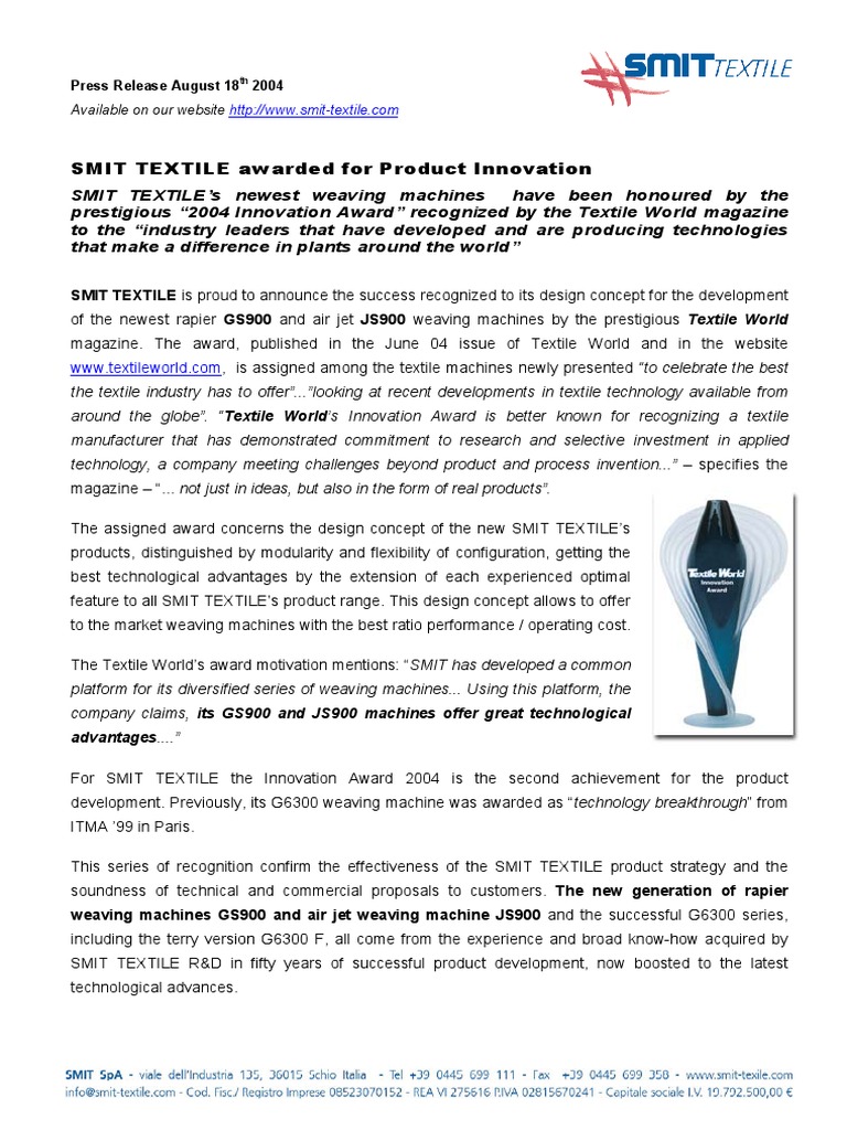 SMIT TEXTILE Awarded For Product Innovation | PDF | New Product ...