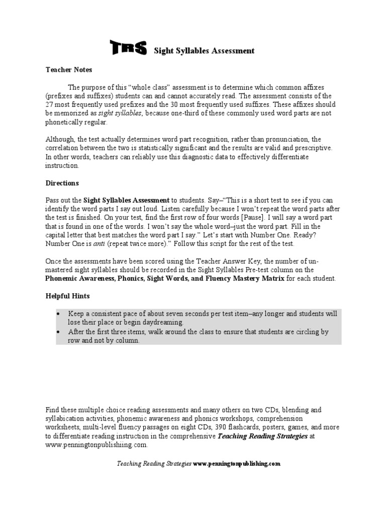 Sight Syllables Assessment: Teacher Notes | PDF | Phonics | Word