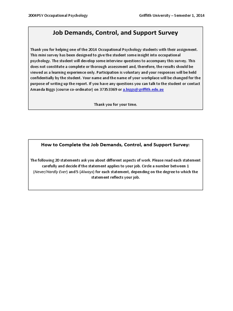 How To Complete The Job Demands, Control, and Support Survey | PDF ...
