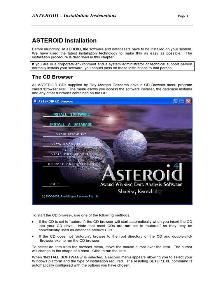 ASTEROID Installation: The CD Browser | PDF | Installation (Computer ...