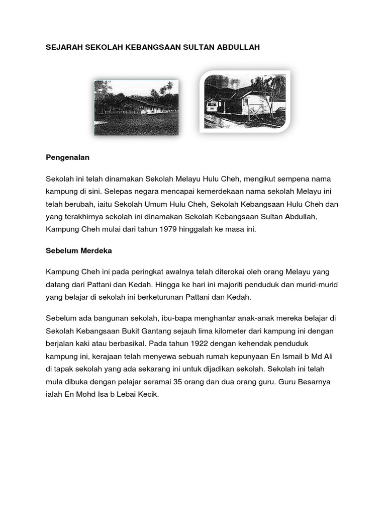 Sejarah Sekolah Kebangsaan Sultan Abdullah | PDF