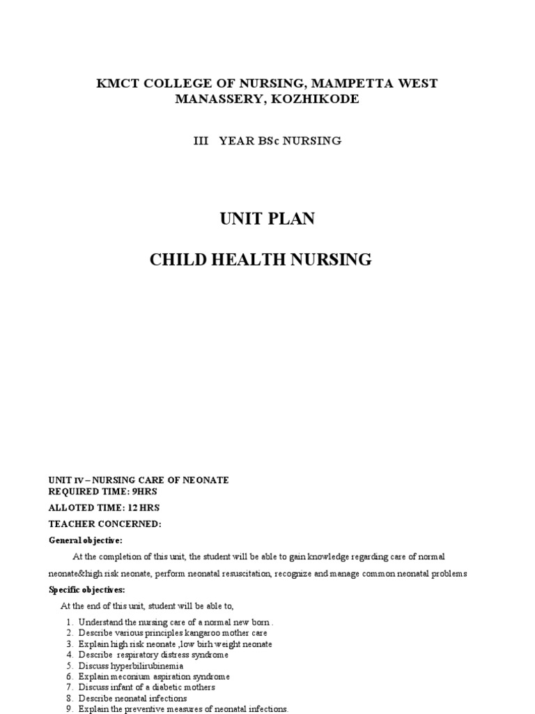 Unit Plan Nursing Management | PDF | Infants | Health Sciences