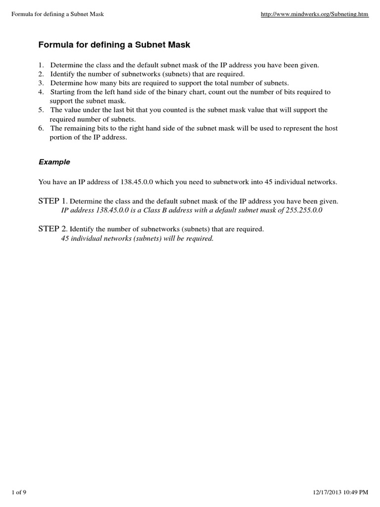 Formula For Defining A Subnet Mask | PDF | Ip Address | Computer Networking