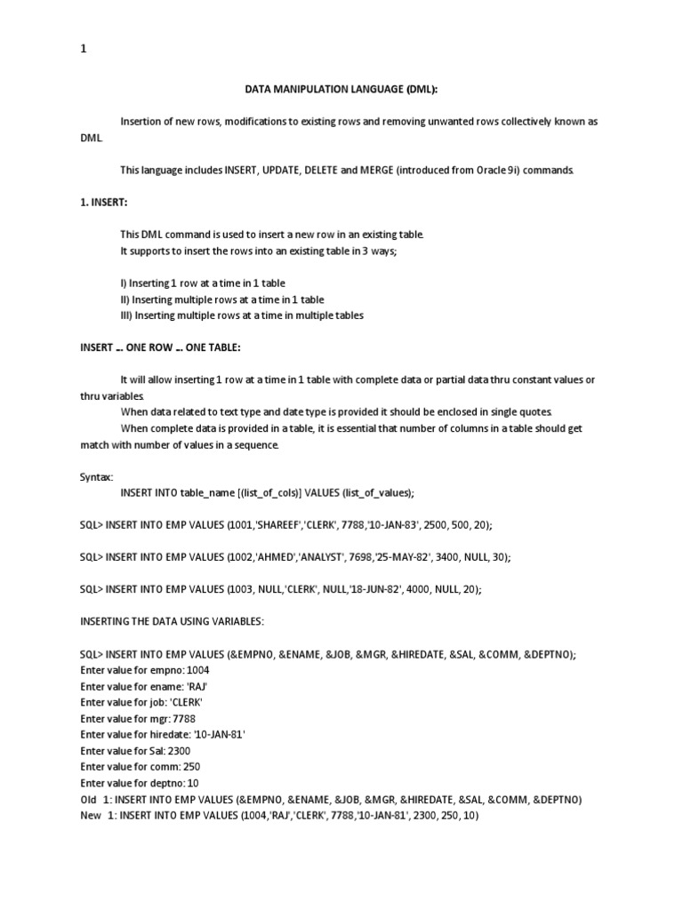 Data Manipulation Language (DML) | Download Free PDF | Table (Database ...