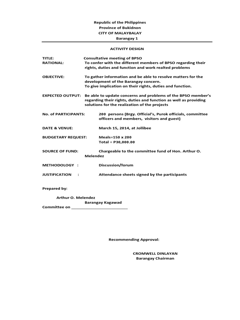 Activity Design Brgy 1 | PDF