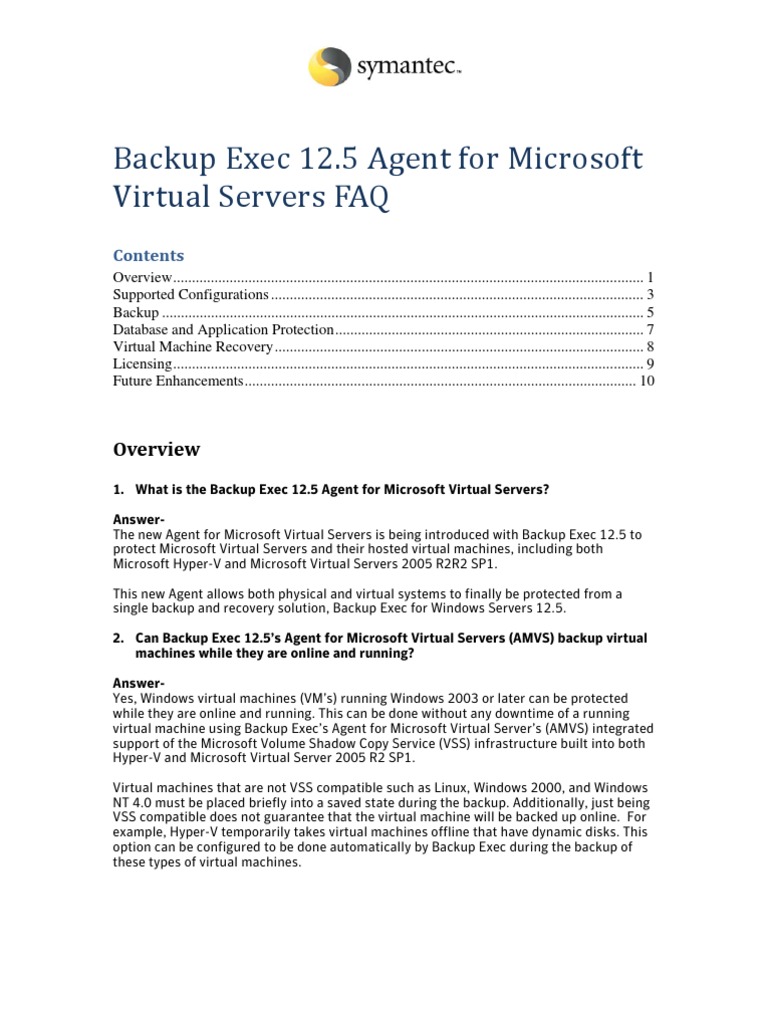 Backup Exec 12.5 Agent For Virtual Servers FAQ | PDF