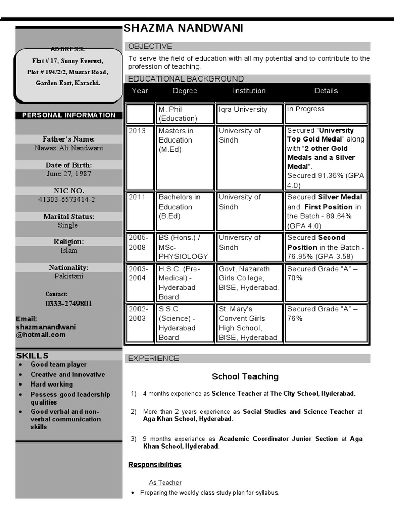 CV Shazma Nandwani | PDF | Educational Assessment | Teachers