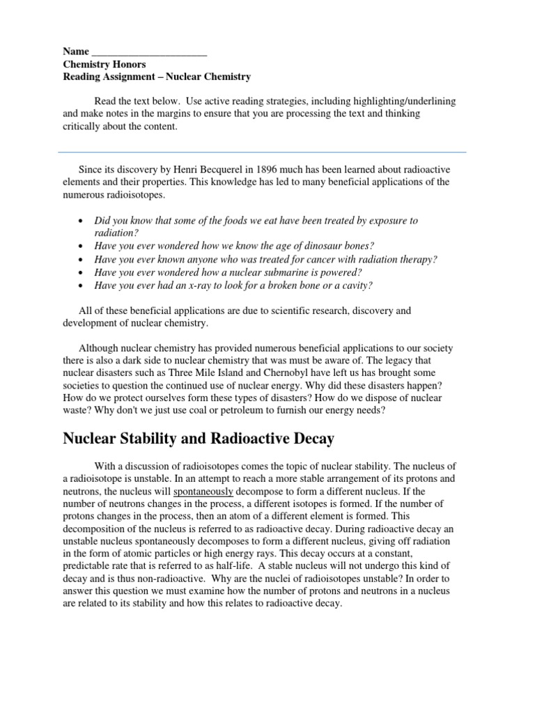 Nuclear Chemistry Reading Assignment | PDF | Radioactive Decay ...