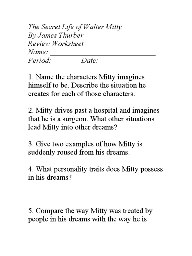 The Secret Life of Walter Mitty by James Thurber Review Worksheet Name ...