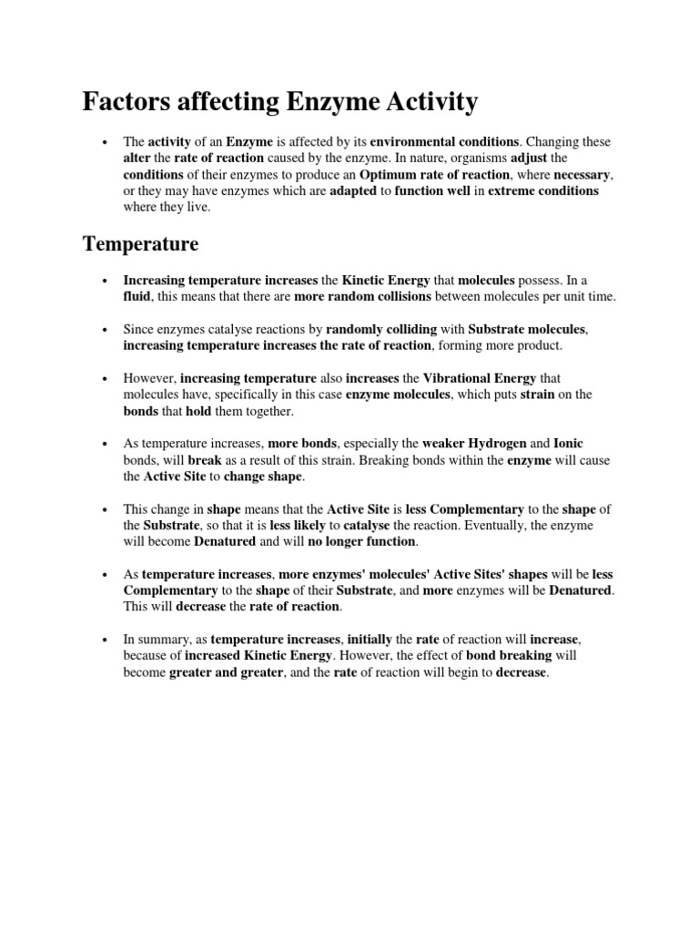 Factors Affecting Enzyme Activity | PDF | Ph | Enzyme